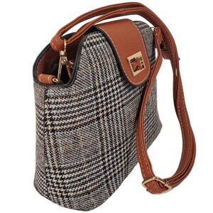 Bags | Houndstooth Plaid Crossbody Bag Brown Faux Leather Trim Gold ...